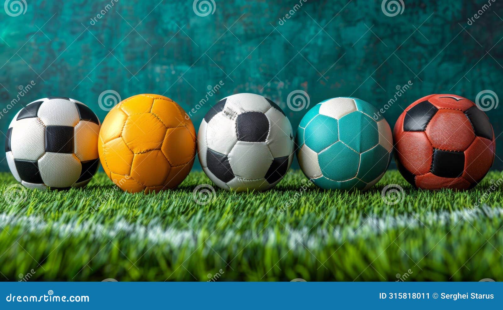 A Row of Soccer Balls on Grass with Different Colors, AI Stock Image ...