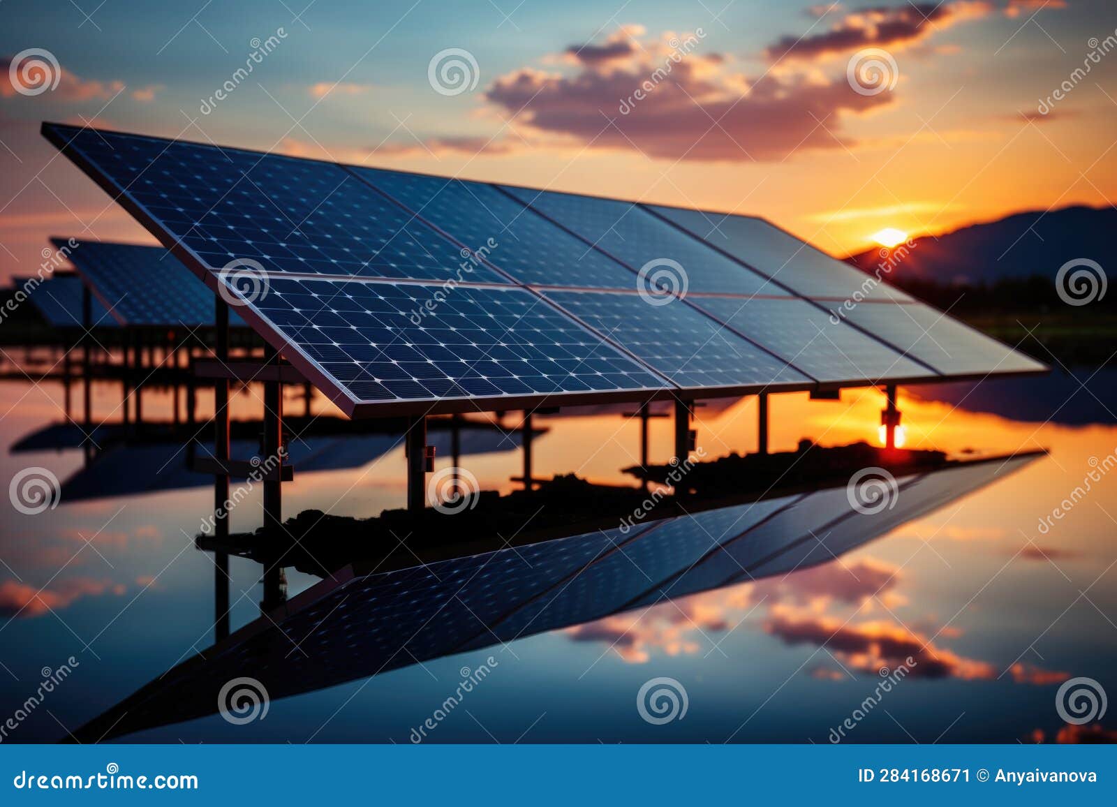 A Row of Solar Panels on Flooded Field with Reflection. Generative AI ...