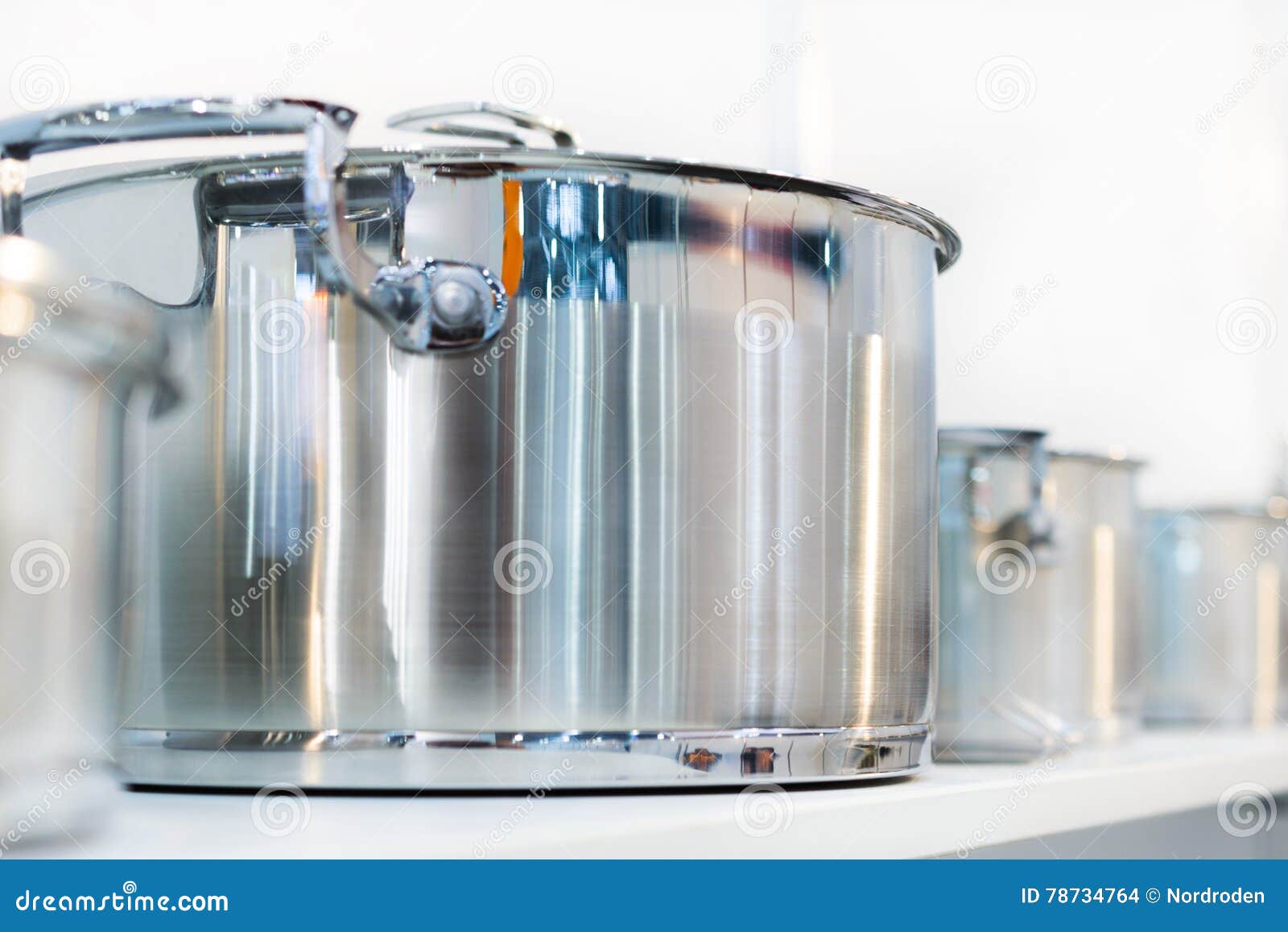Row of Stainless Pot on a Shelf Stock Photo - Image of appliance ...