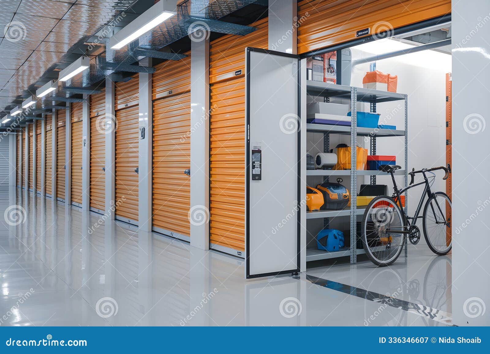 Row of Storage Units with Orange Doors, Open Unit Reveals Boxes ...