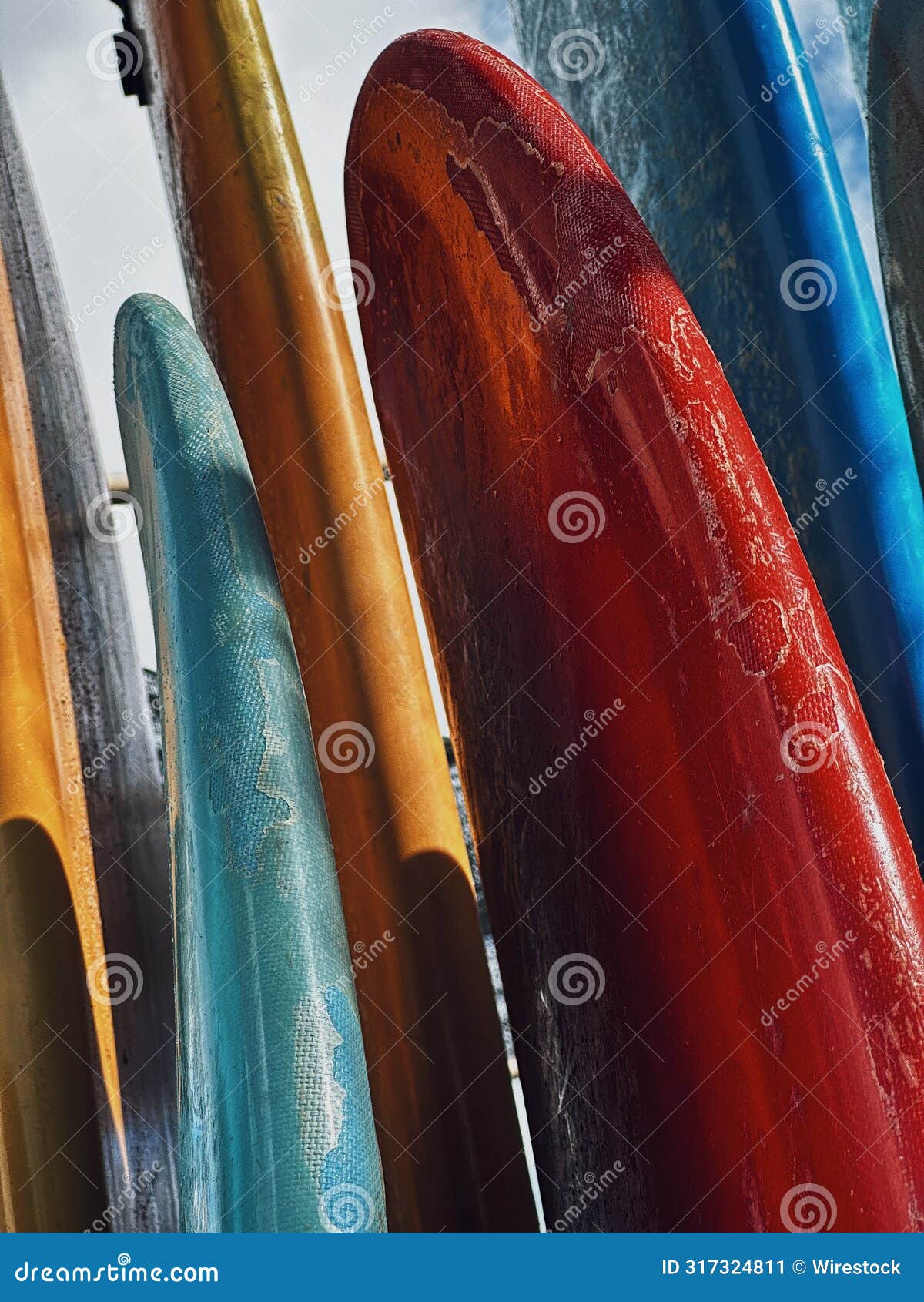 Row of Surfboards Lined Up Outside. Stock Image - Image of surfing ...