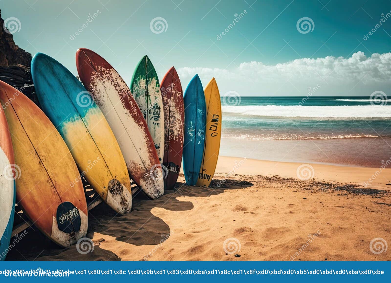 A Row of Surfboards Sitting on Top of a Sandy Beach. Ai Generative ...