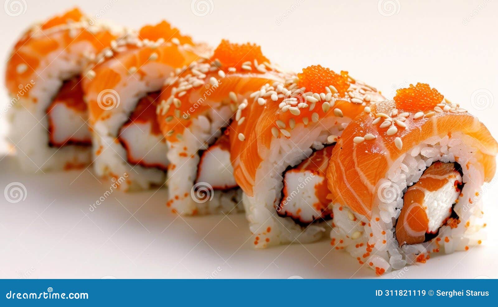 A Row of Sushi Rolls with Orange and White Toppings, AI Stock Image ...