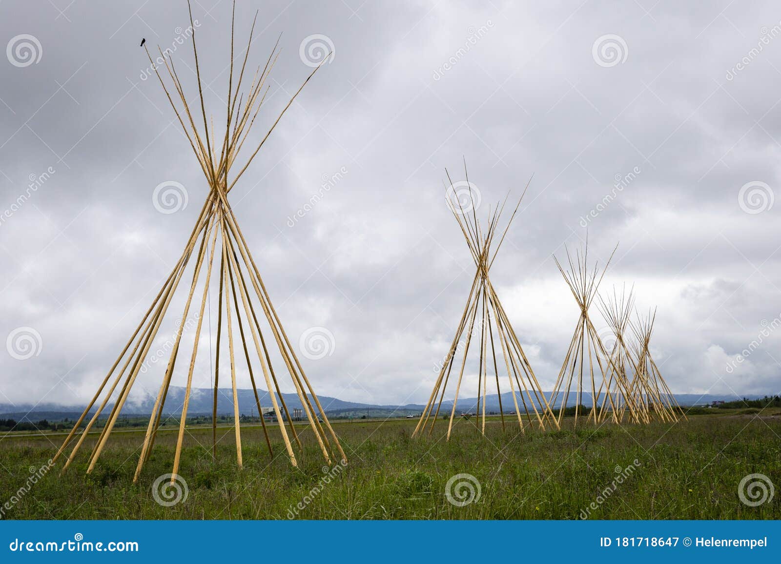 Row of Tall Stick Teepees with Mountains in Background Stock Image ...