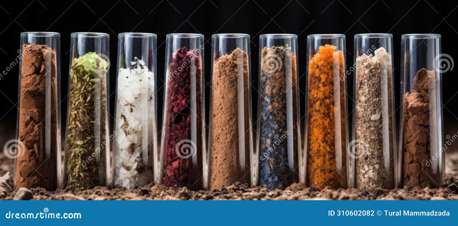 Row of Test Tubes with Diverse Soils, Displayed among Tableware and Art ...
