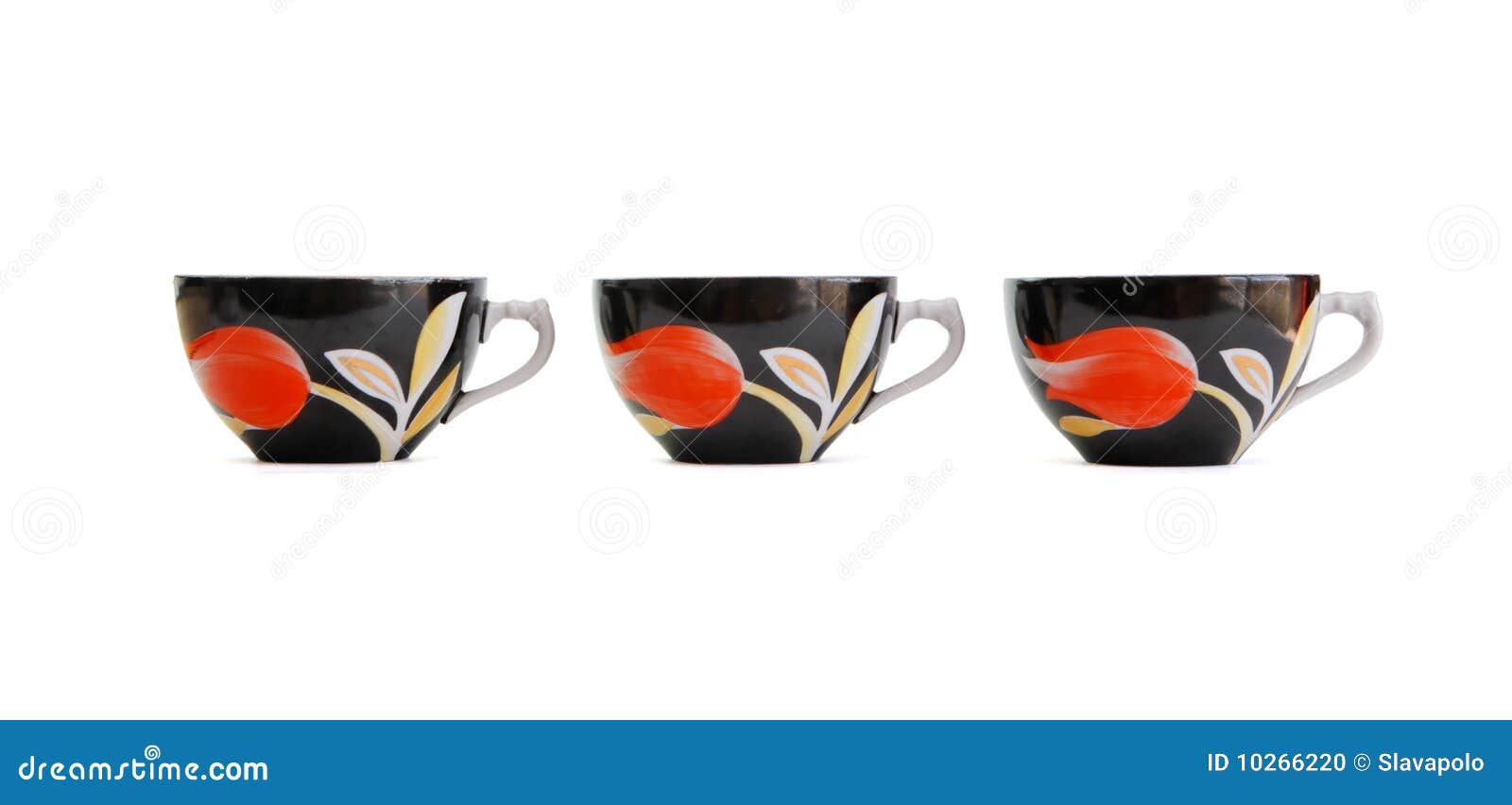 Row of Three Black Tea Cups Isolated Stock Photo - Image of pattern ...