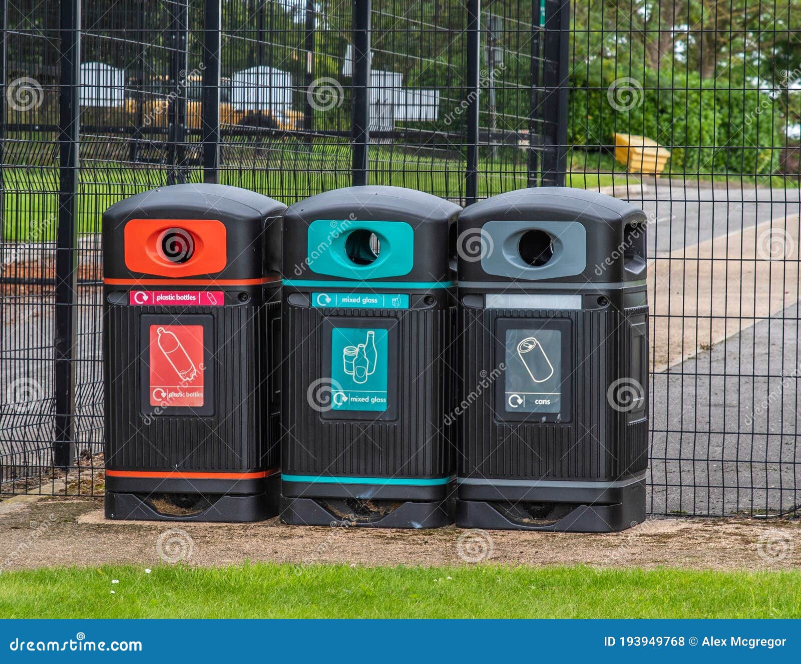 Row of Three Recycling Bins Stock Photo - Image of people, cans: 193949768