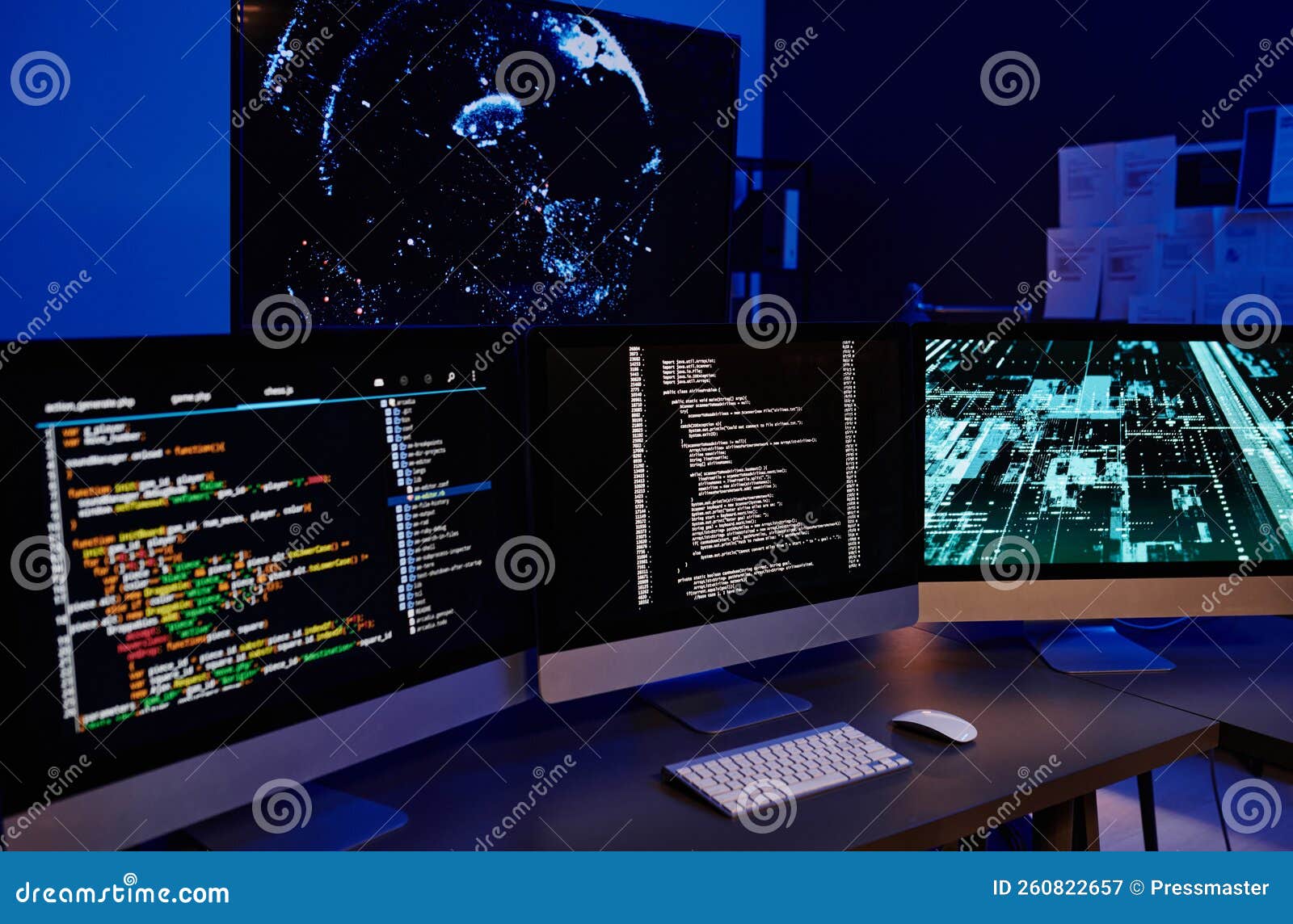 Row of Three Computer Monitors with Coded Data on Screens Stock Image - Image of programmer ...