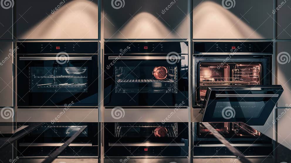 A Row of Three Ovens with Their Doors Open and the Light on, AI Stock ...