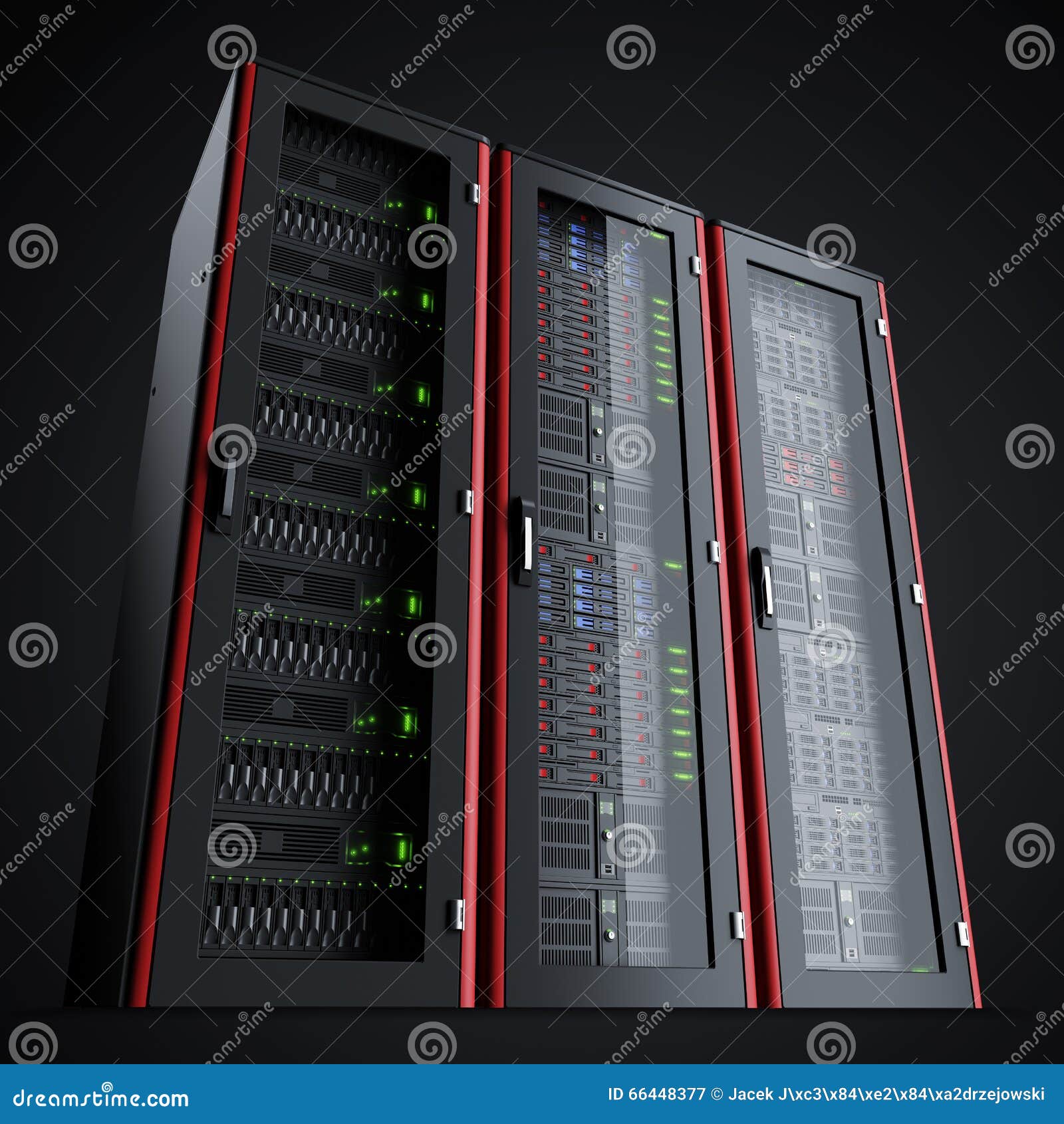 Row of Three Working Server Racks Isolated on Black Background Stock ...