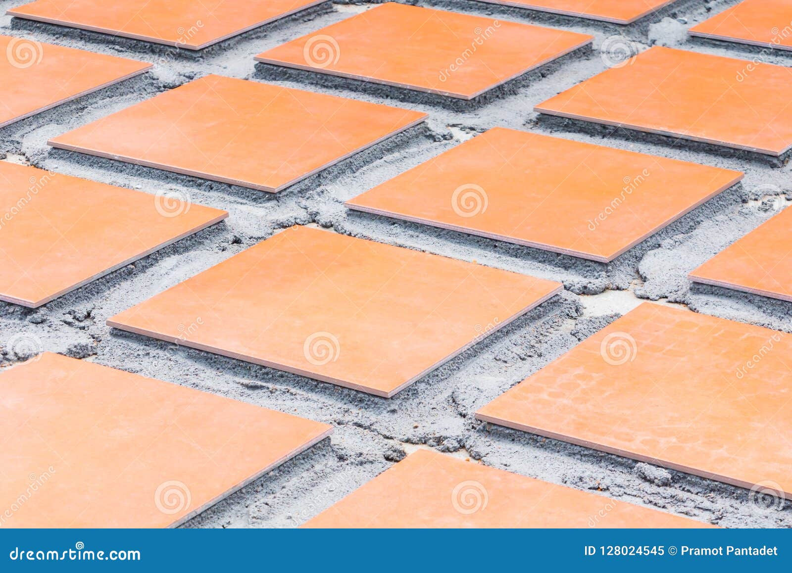 Row Tile Ceramic Orange on Floor Install with Cement in Work ...