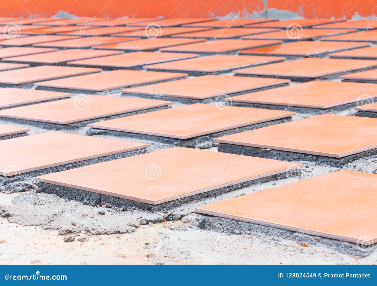 Row Tile Ceramic Orange on Floor Install with Cement in Work ...