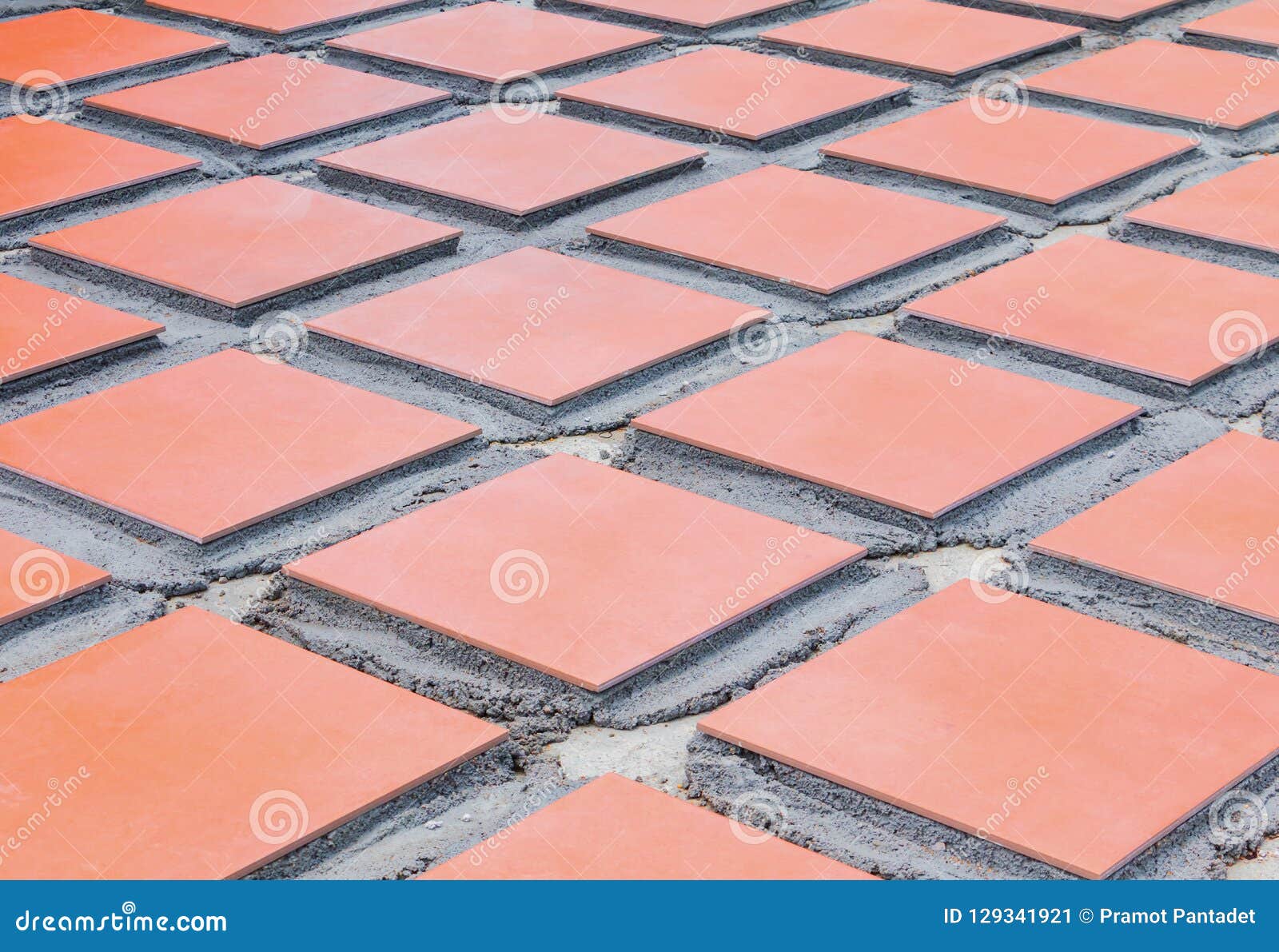 Row Tile Ceramic Orange on Floor Install with Cement in Work ...