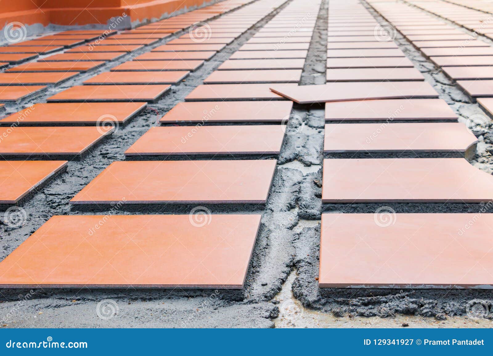 Row Tile Ceramic Orange on Floor Install with Cement in Work ...