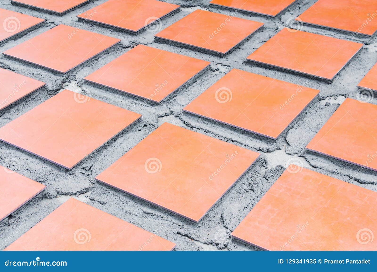 Row Tile Ceramic Orange on Floor Install with Cement in Work ...