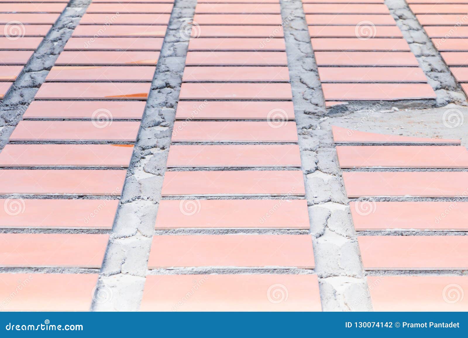 Row Tile Ceramic Orange on Floor Install with Cement in Work ...