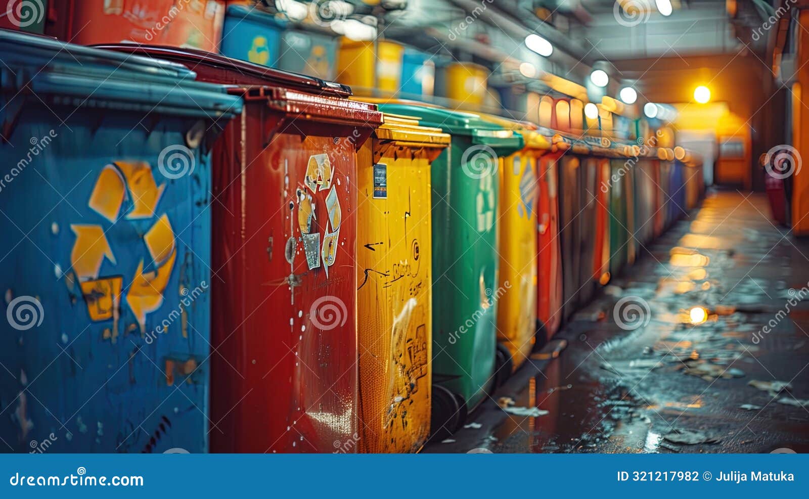 A Row of Trash Cans with Different Colored Lids Stock Photo - Image of ...