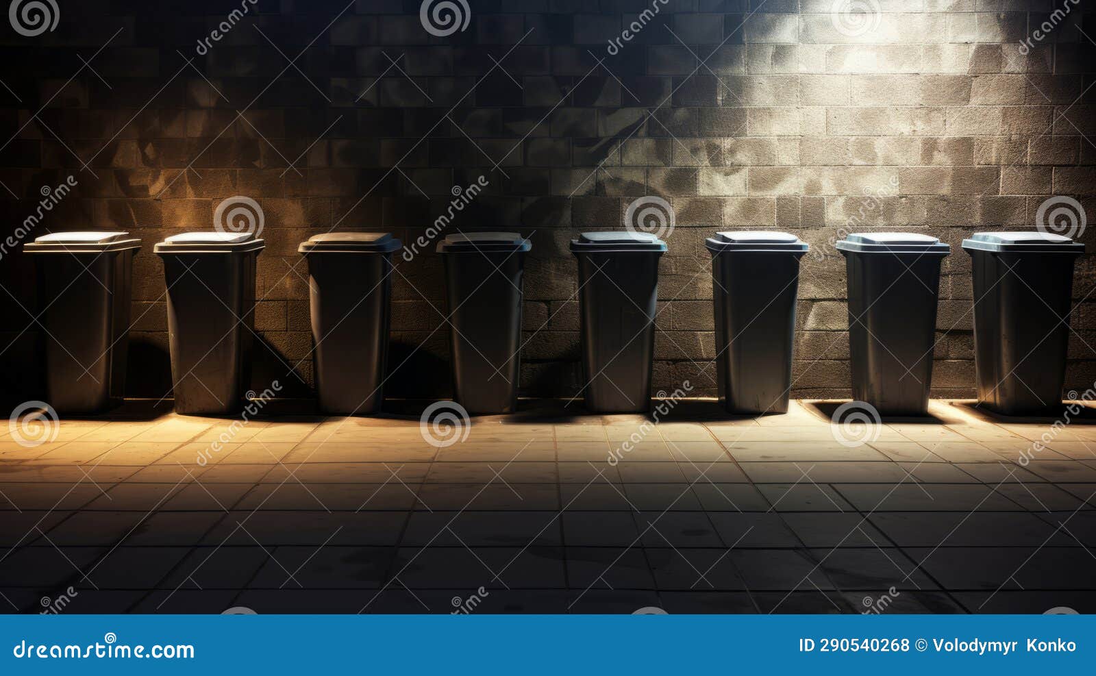 A Row of Trash Cans in Front of a Brick Wall Stock Photo - Image of ...