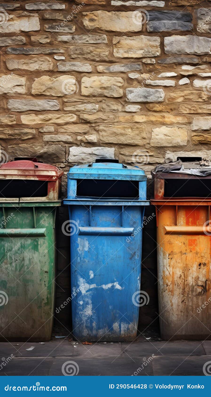 A Row of Trash Cans Next To a Stone Wall Stock Photo - Image of ...
