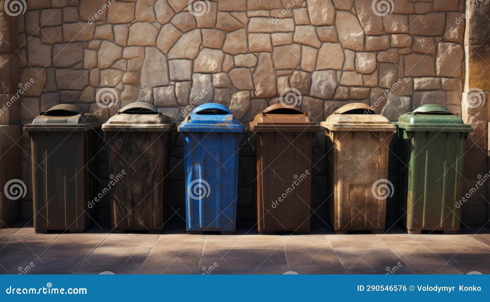A Row of Trash Cans Next To a Stone Wall Stock Photo - Image of ...