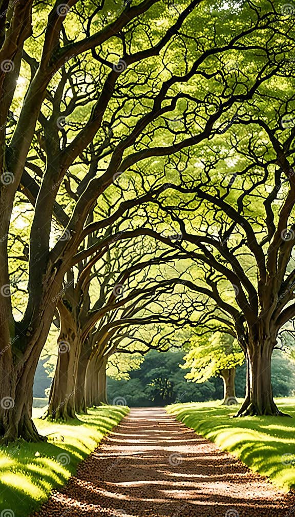 Row of Trees Lining a Grass Pathway Stock Photo - Image of countryside ...