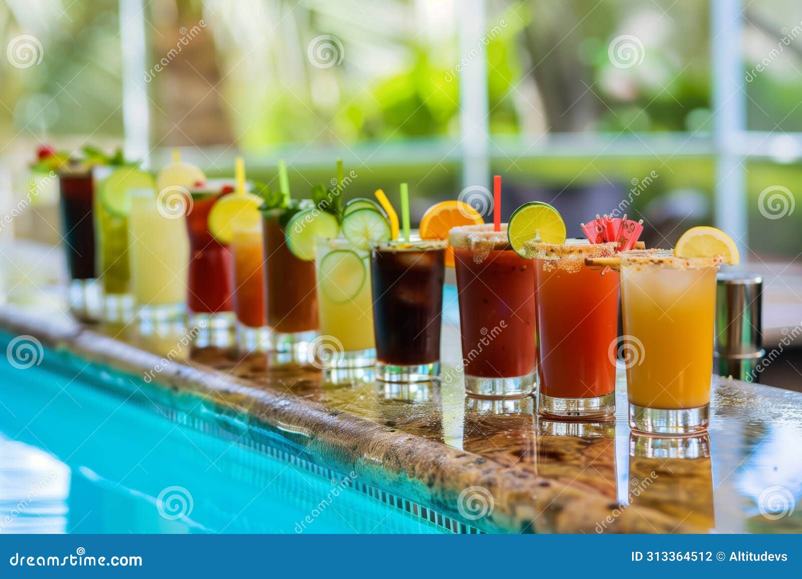 Row of Varied Cocktails on a Pool Bar Counter Stock Photo - Image of ...
