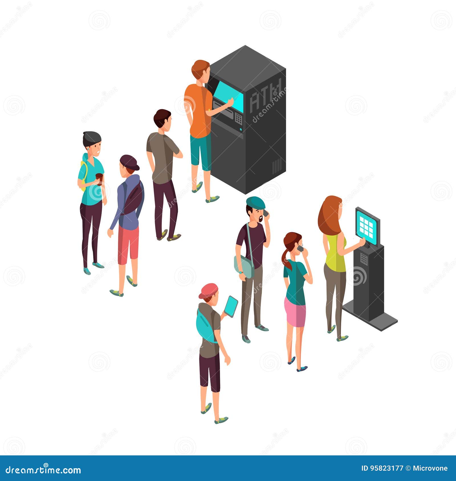 Row of Waiting People at Atm Payment Machine and Terminal. 3d Isometric ...