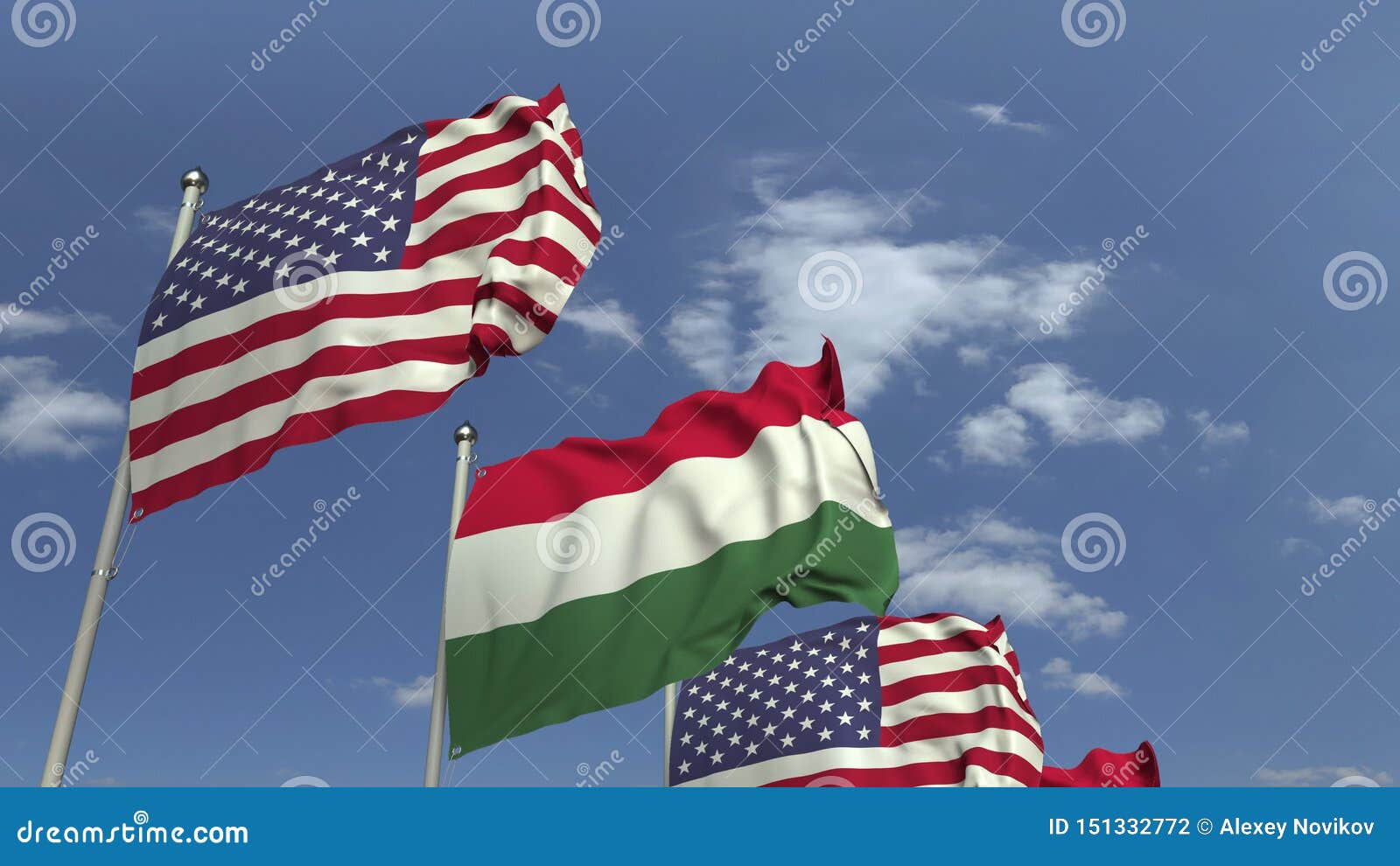 Row of Waving Flags of Hungary and the USA, 3D Rendering Stock Photo ...