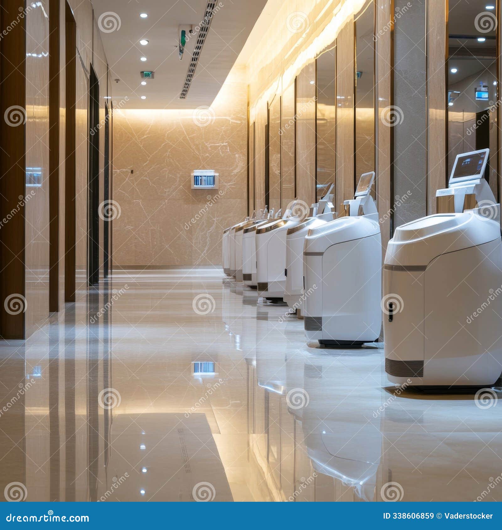 Row of White Automated Machines in a Modern Hotel Corridor Stock ...