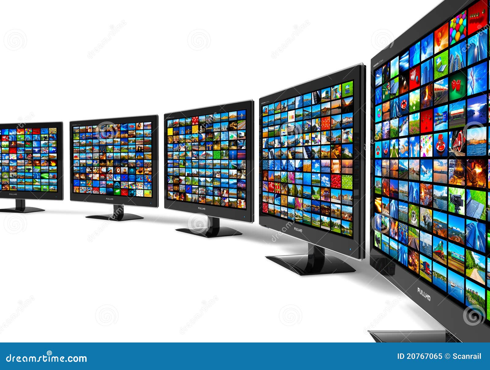 Row of Widescreen HD Displays Wtih Multiple Images Stock Illustration ...