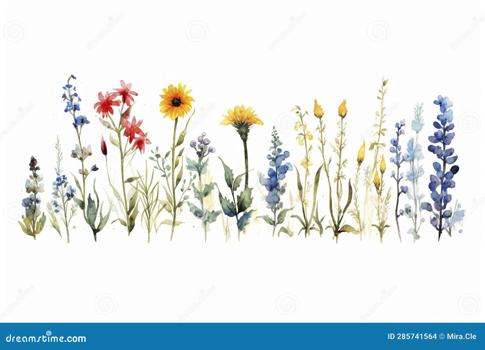 Row of Wildflowers in Watercolor Style, Created with Generative AI ...