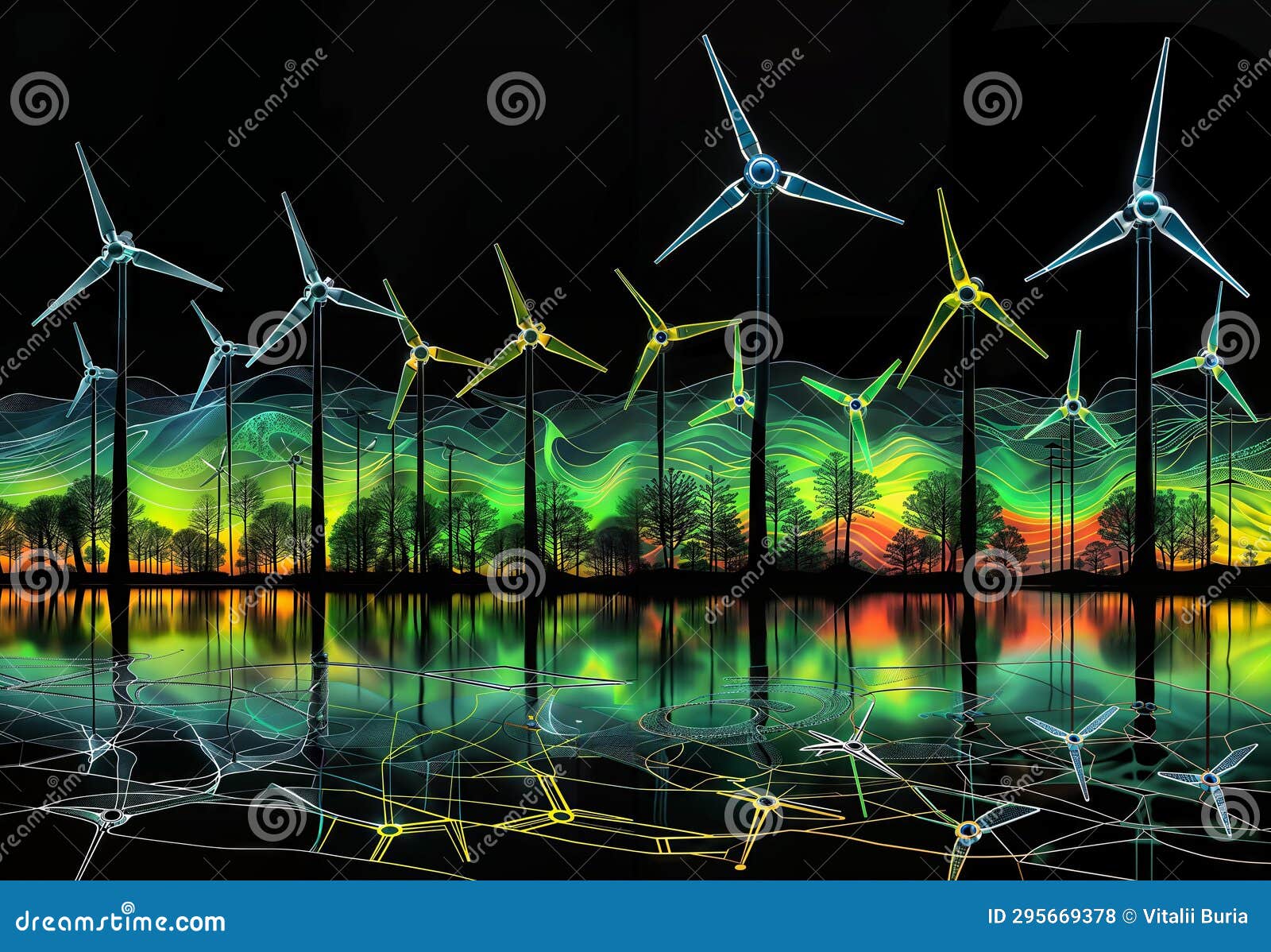 Wind Turbines in a Row Against a Dark Background with a Beautiful ...