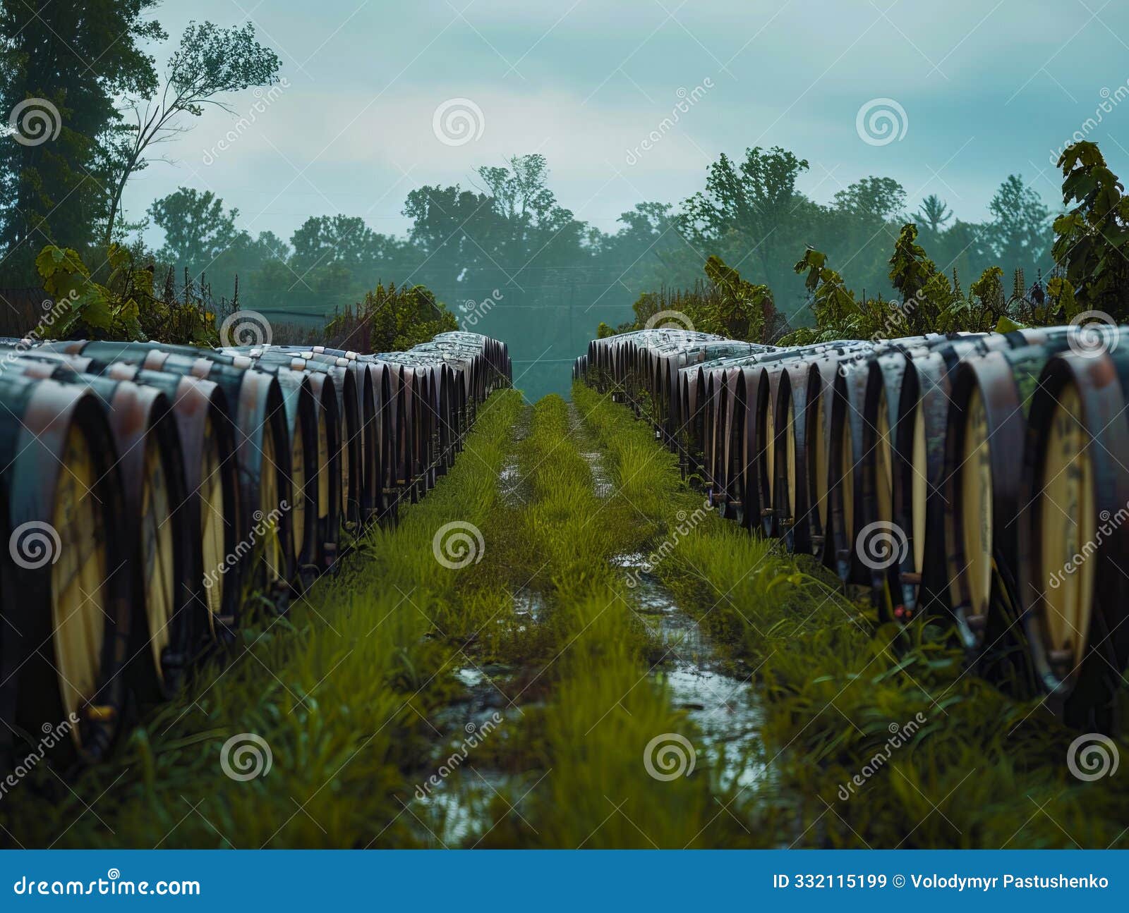 A Row of Wooden Barrels Lined Up in a Field Stock Image - Image of ...