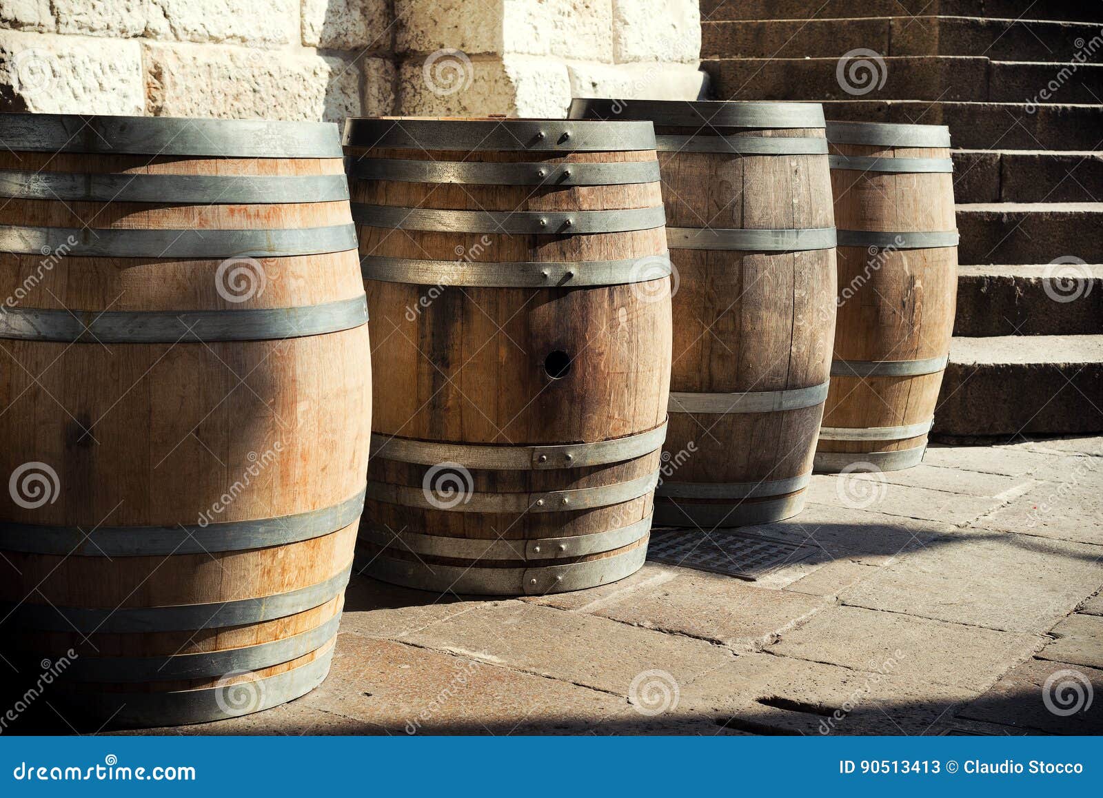 Row of wooden Barrels stock image. Image of storage, grunge - 90513413
