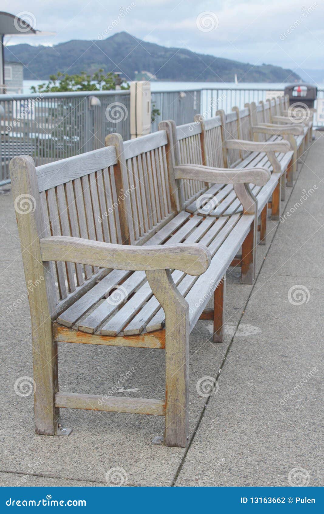 Row of Wooden Benches of Wharf Stock Photo - Image of california, blue ...