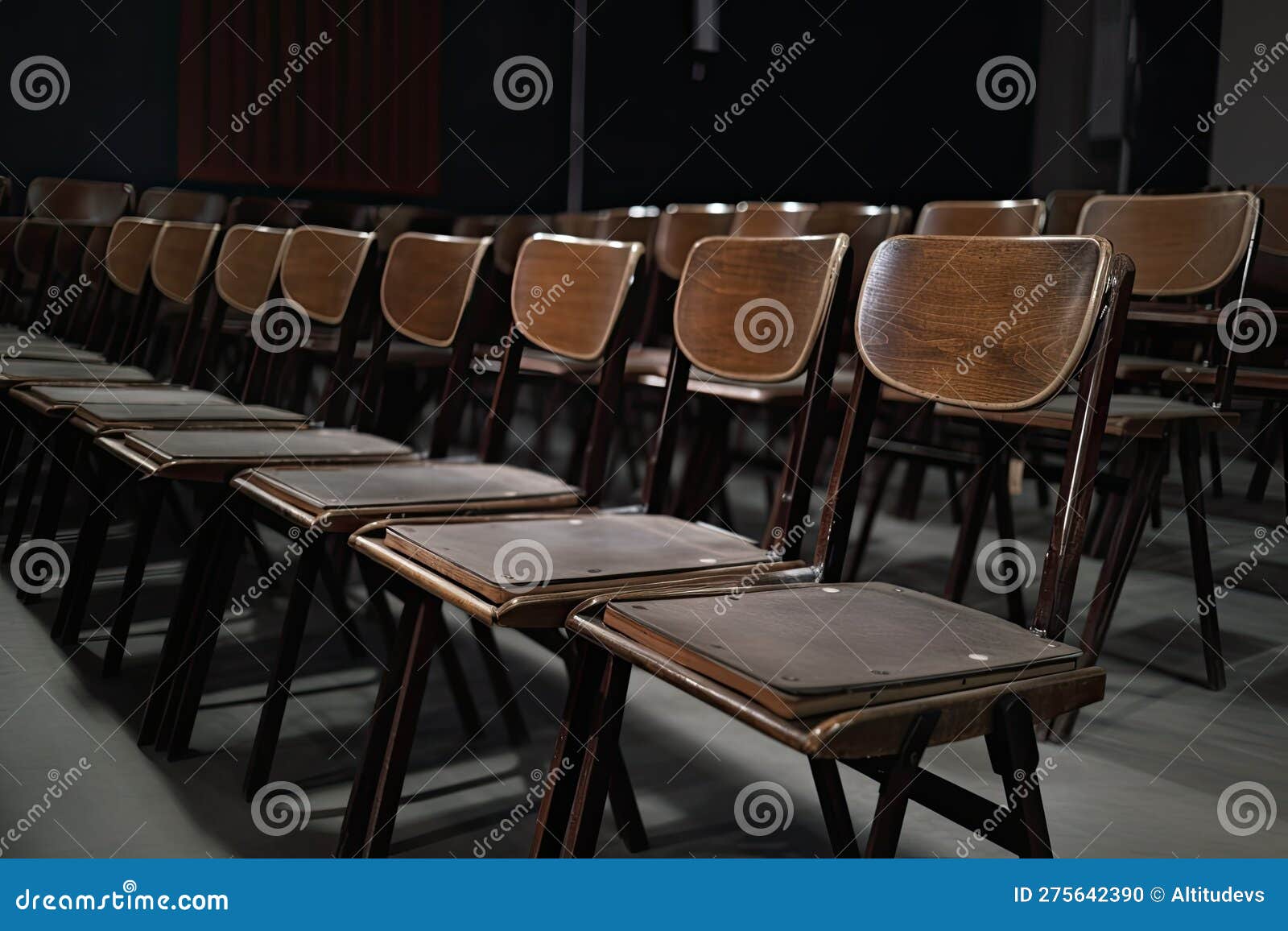 A Row of Wooden Lecture Chairs on a Stage, with an Empty Blackboard in ...