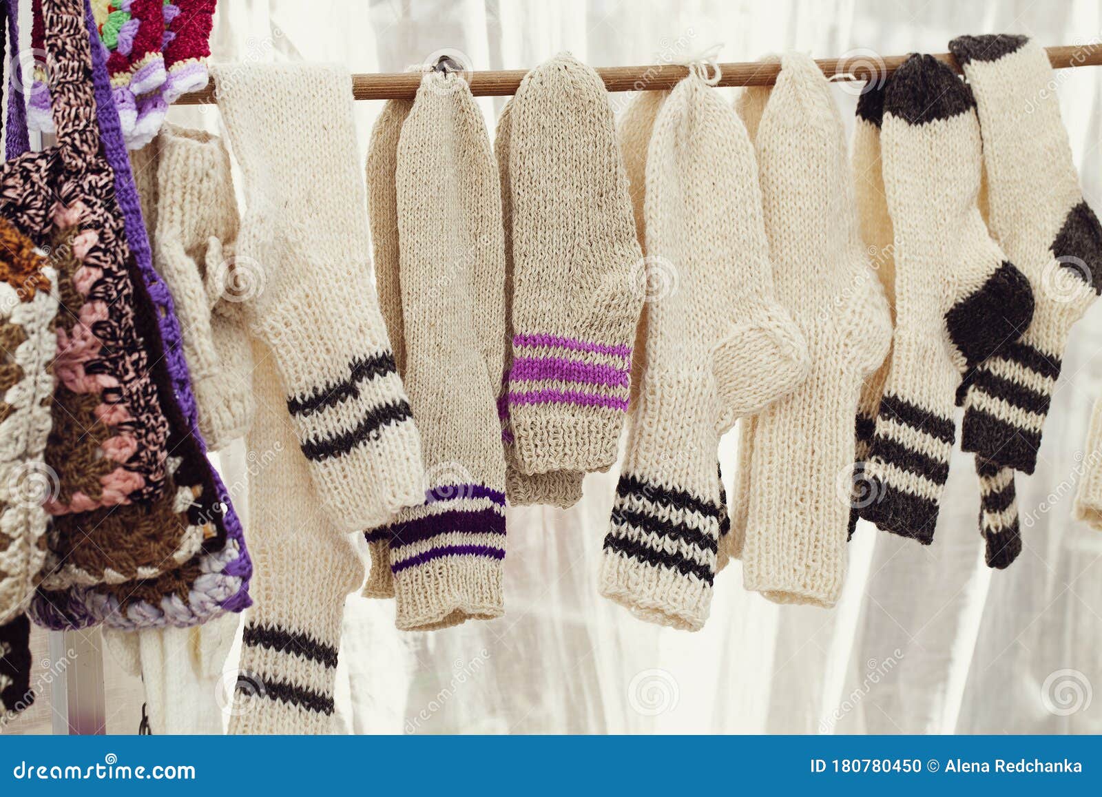 A Row of Wool Knitted White Socks . Handmade Work. the Concept of Zero ...
