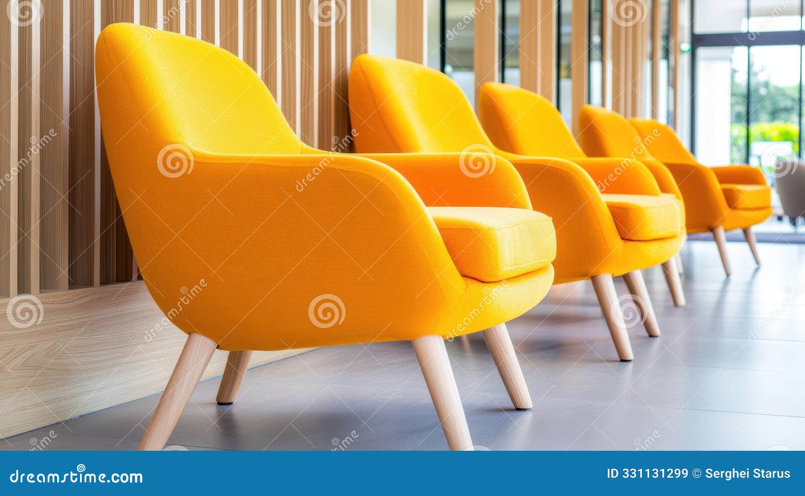 A Row of Yellow Chairs Lined Up Against a Wall in the Hallway, AI Stock ...