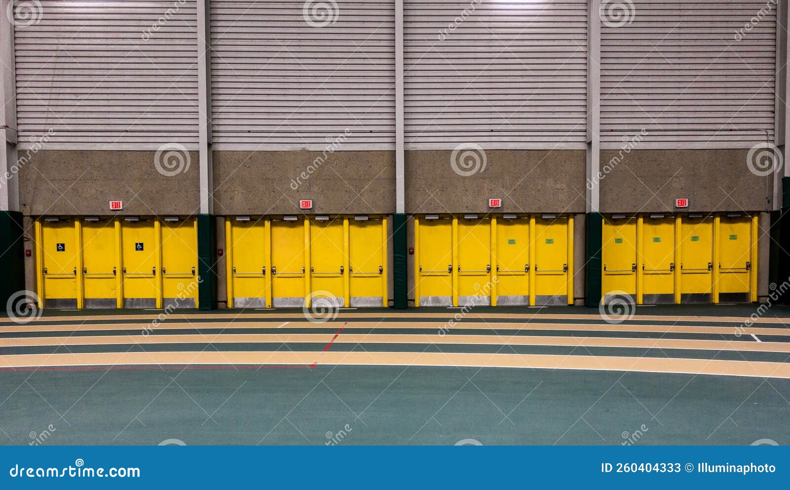 Row of Yellow Doors Inside an Indoor Arena. Stock Image - Image of ...