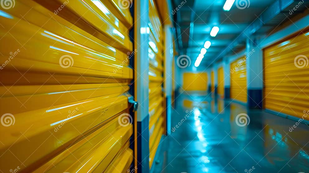A Row of Yellow Storage Units in a Warehouse Stock Photo - Image of ...