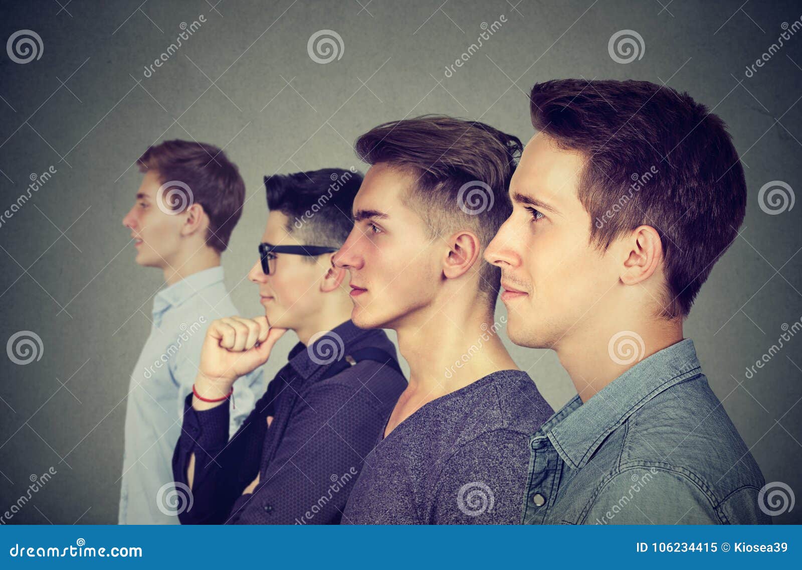 Row of Young Men Posing on Gray Stock Image - Image of people ...