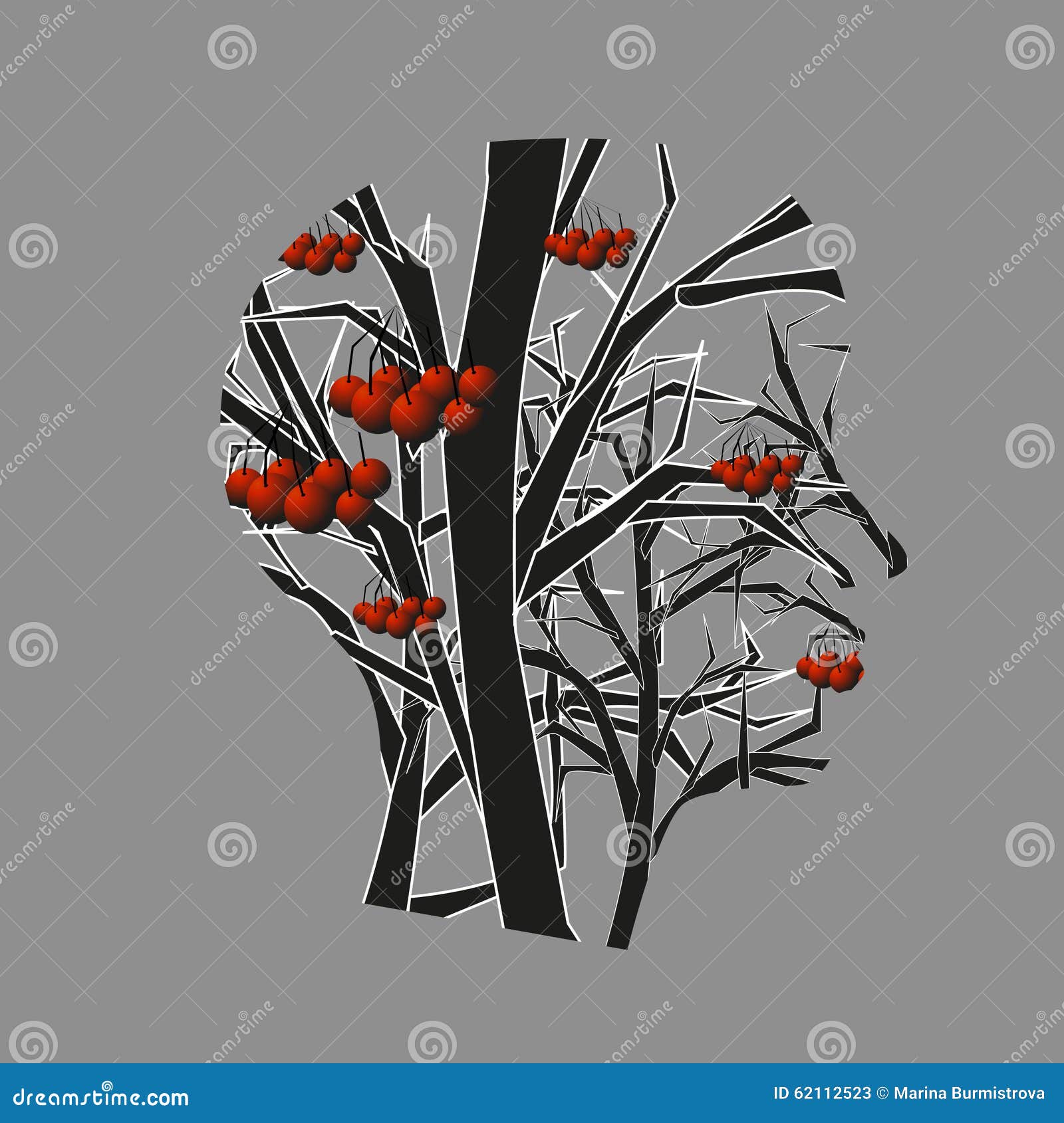 Rowan Tree and Silhouette of the Head Stock Illustration - Illustration ...