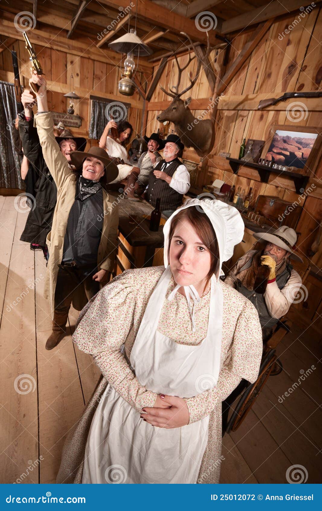 Rowdy Drinkers with Quiet Lady Stock Photo - Image of celebrating ...