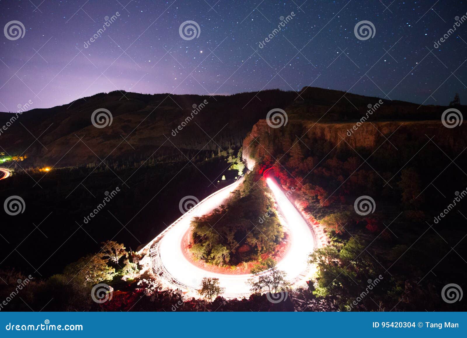 Rowena Crest Viewpoint in Oregon at Night Stock Photo - Image of beam ...