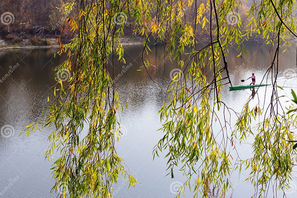 Rowing and Canoe Float Down the River in Autumn Stock Photo - Image of ...