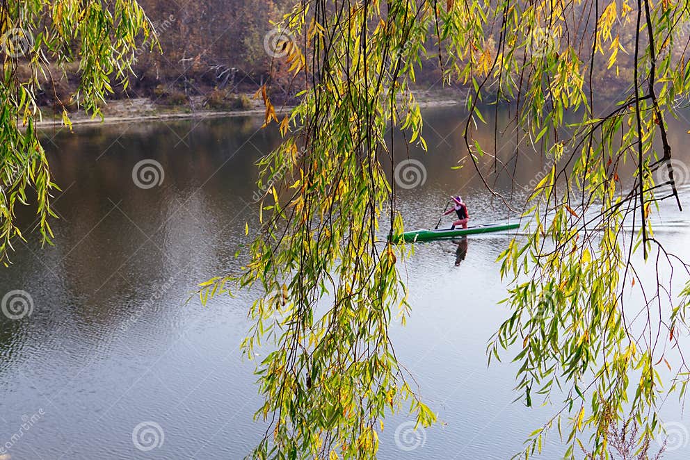 Rowing and Canoe Float Down the River in Autumn Stock Photo - Image of ...