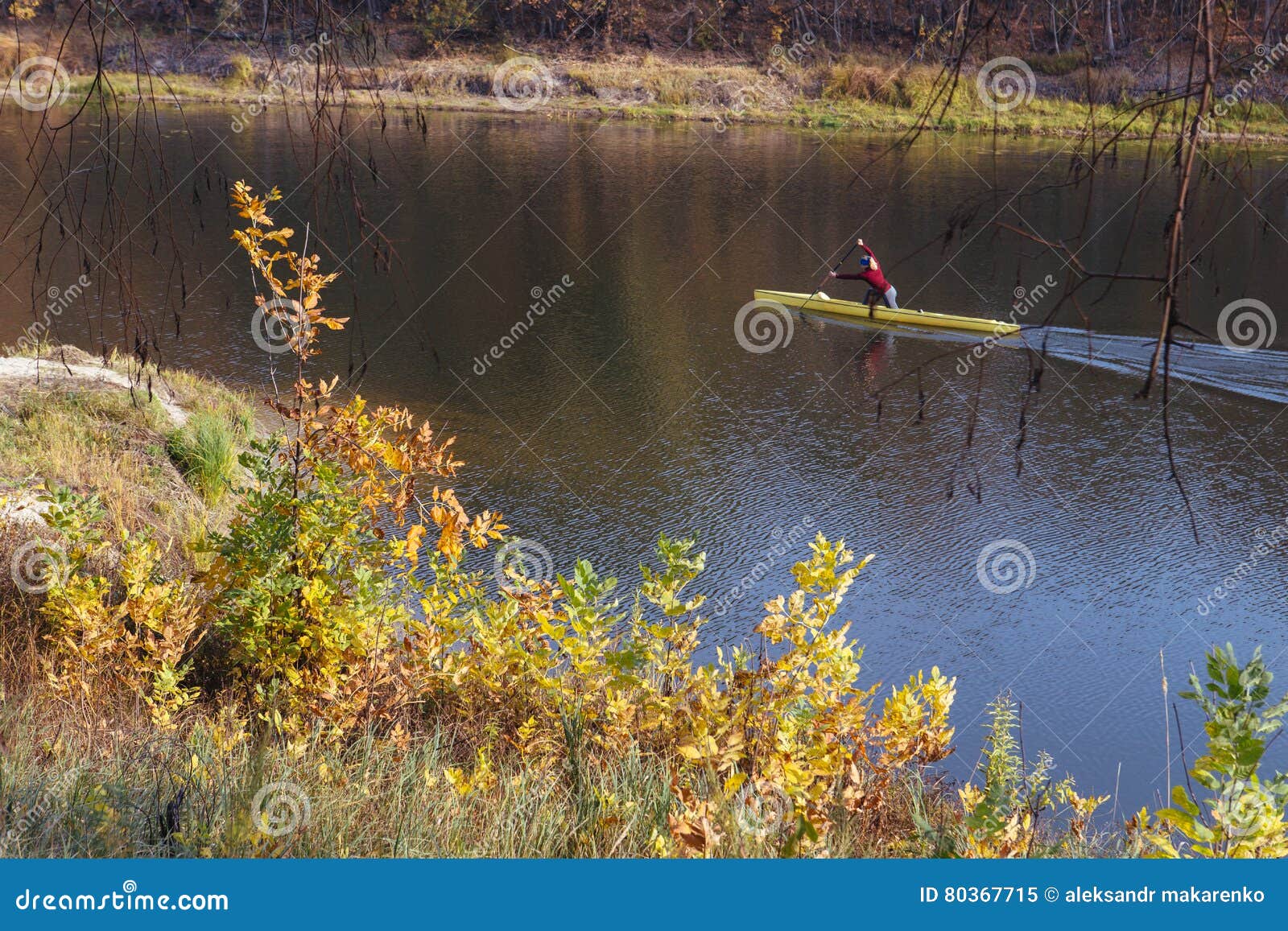 Rowing and Canoe Float Down the River in Autumn Stock Image - Image of ...