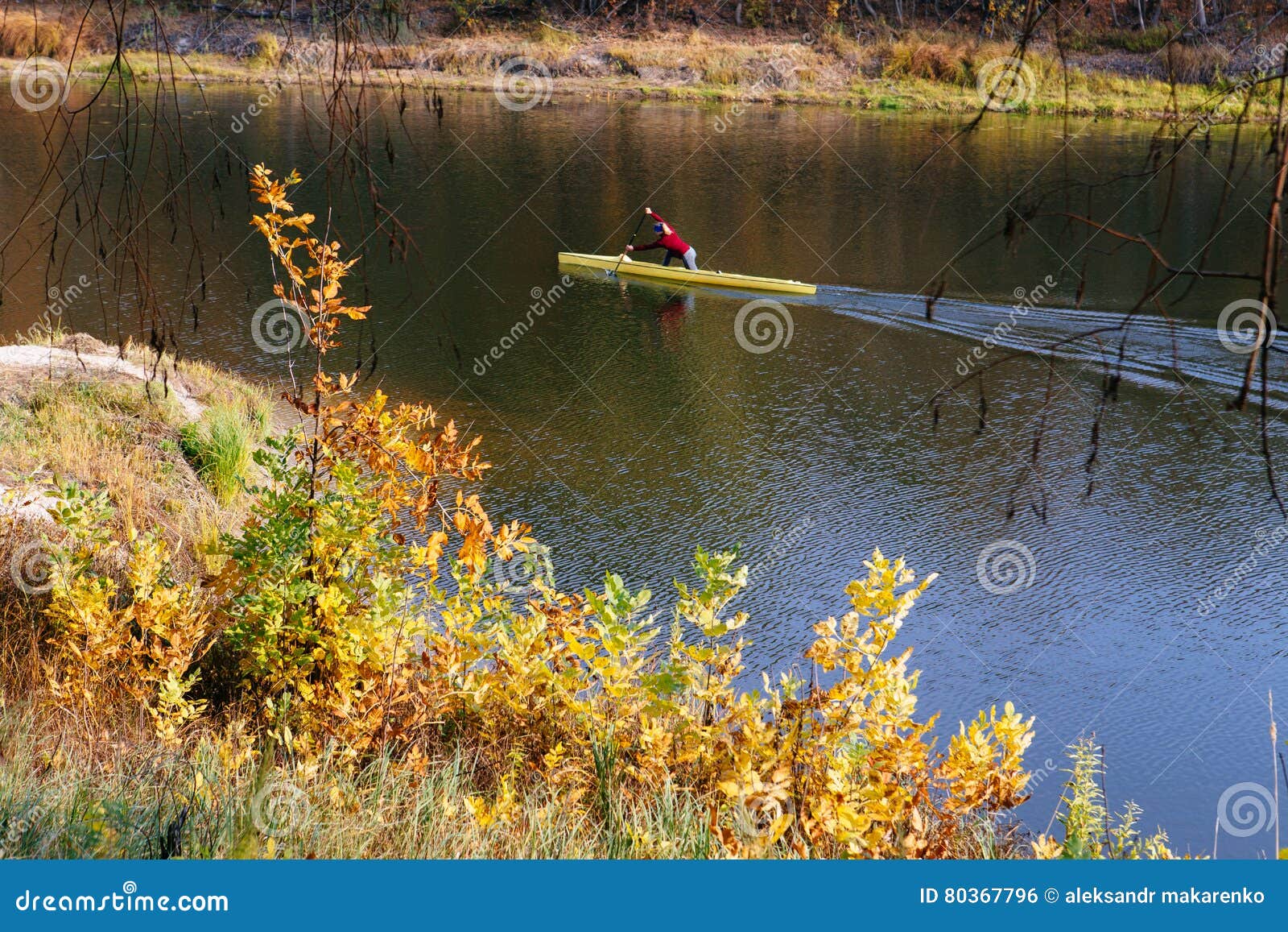 Rowing and Canoe Float Down the River in Autumn Stock Photo - Image of ...