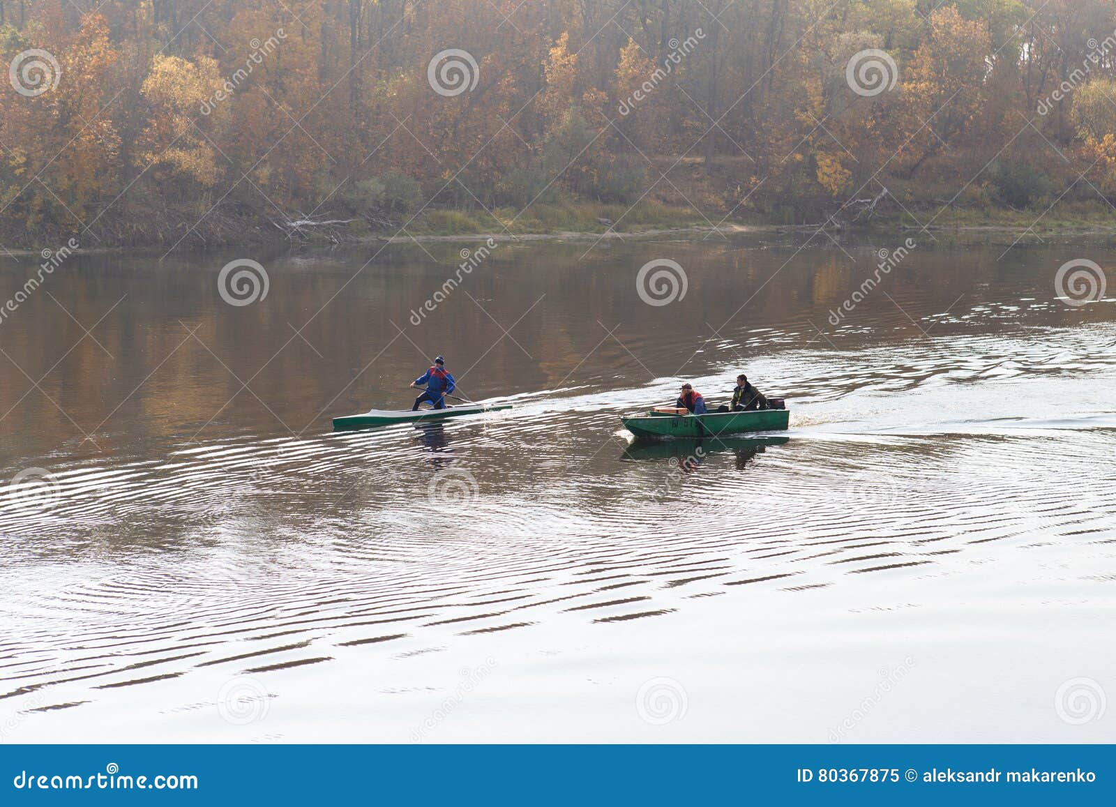 Rowing and Canoe Float Down the River in Autumn Stock Image - Image of ...