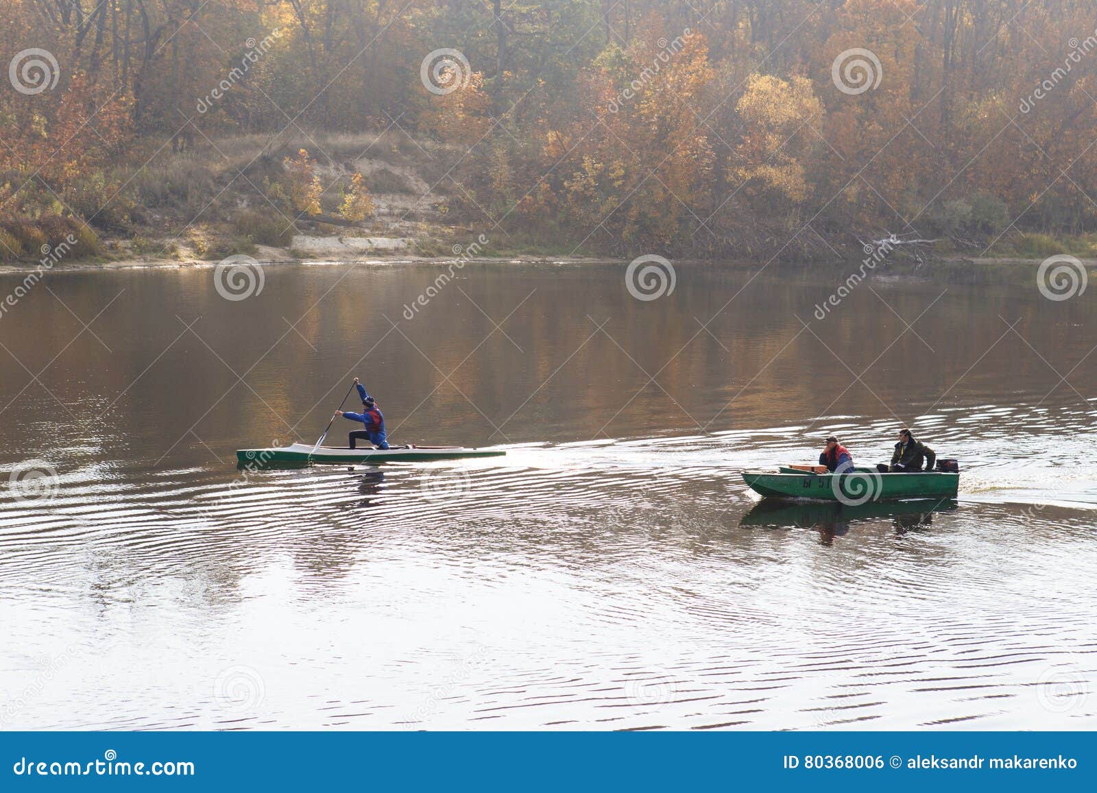 Rowing and Canoe Float Down the River in Autumn Stock Photo - Image of ...